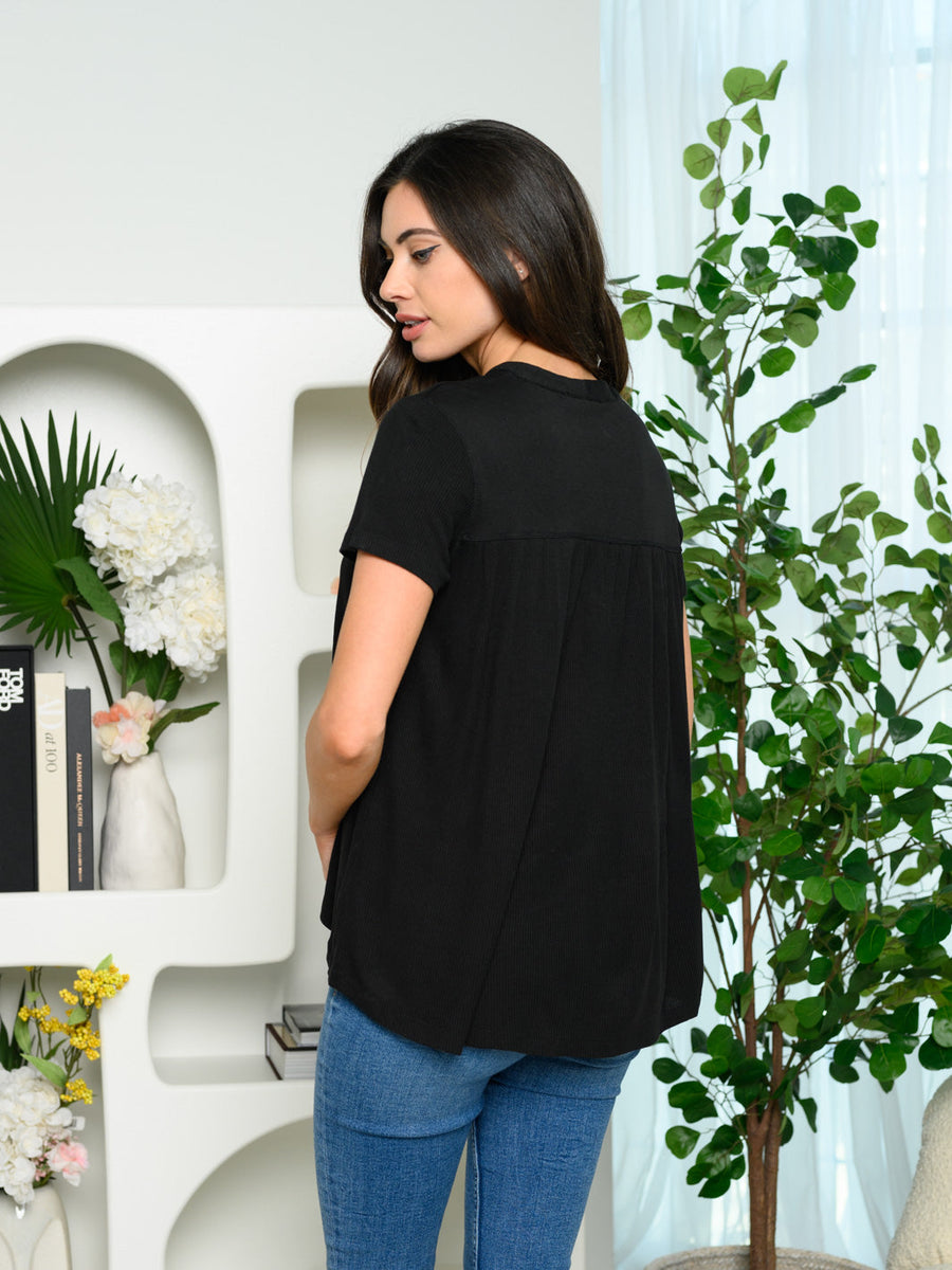 WOMEN'S SHORT SLEEVE V-NECK BUTTON UP TUNIC TOP ...
