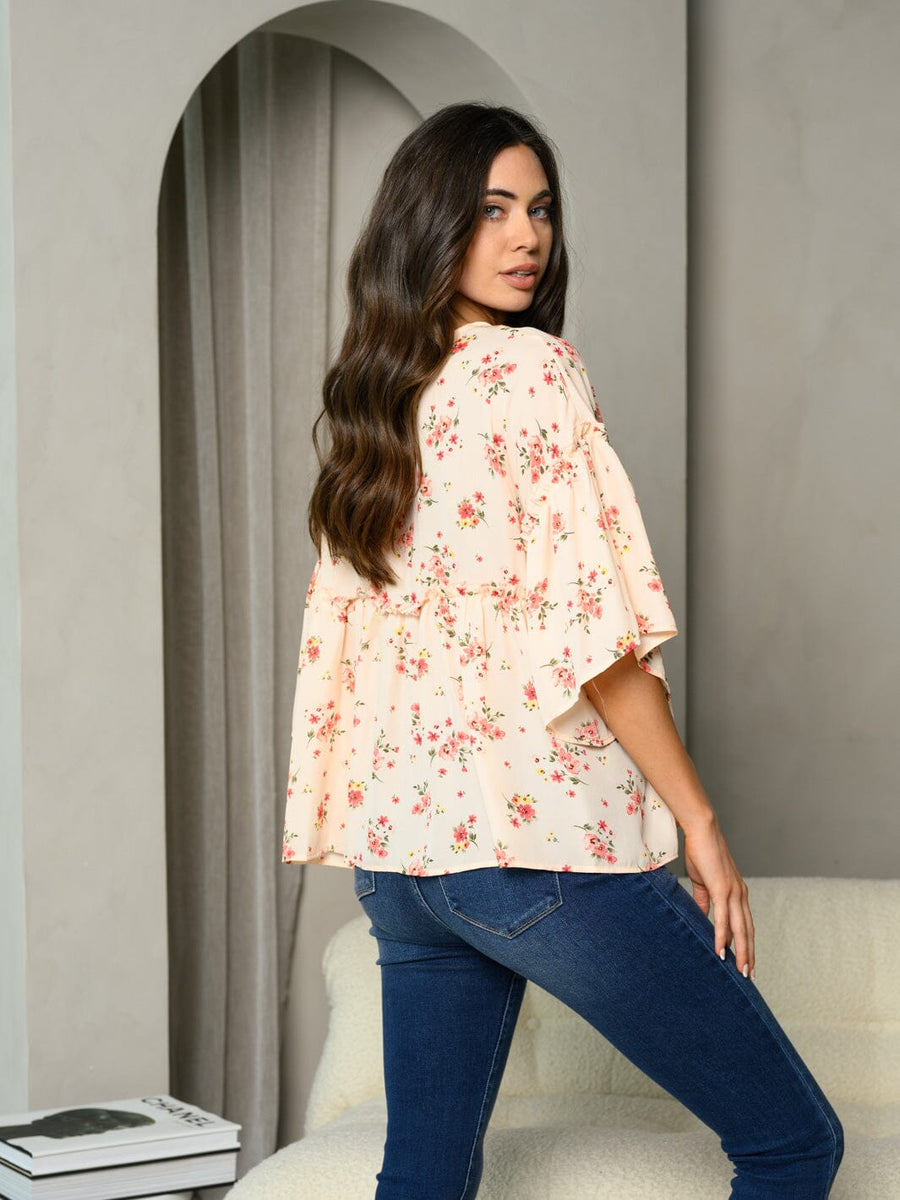 WOMEN'S 3/4 BELL SLEEVE RUFFLE FLORAL TUNIC TOP ...