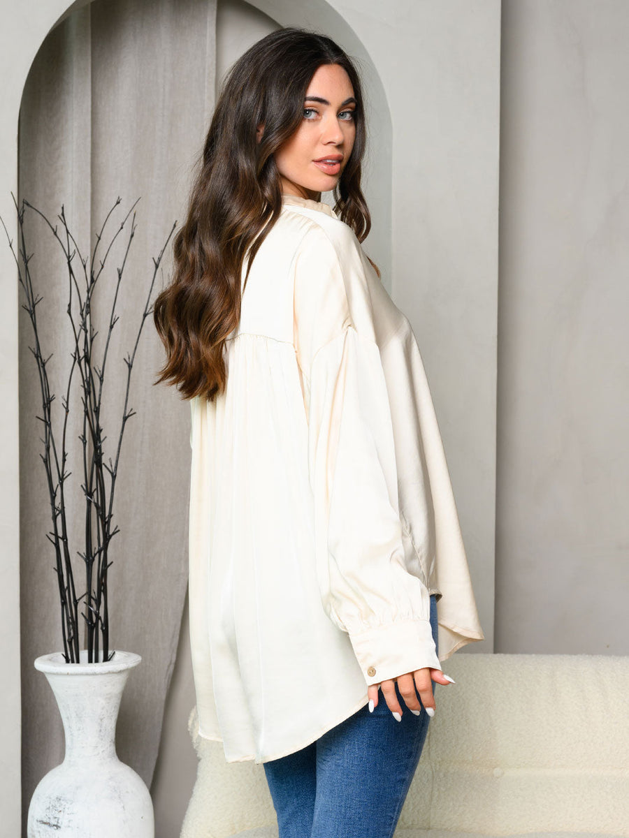 WOMEN'S LONG SLEEVE SATIN BUTTON DOWN SHIRRED BACK BLOUSE TOP ...