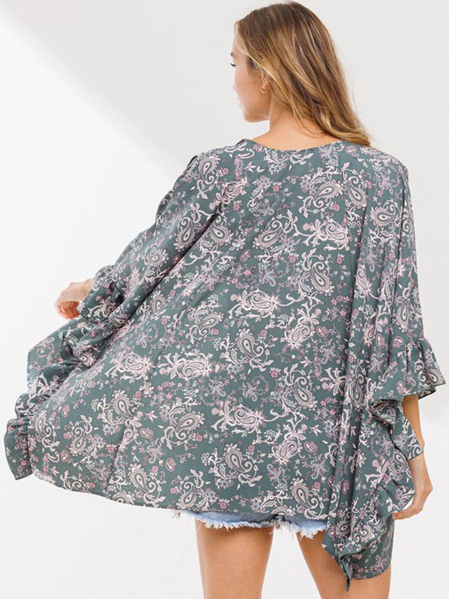 WOMEN'S 3/4 SLEEVE PAISLEY RUFFLE DUSTER CARDIGAN ...