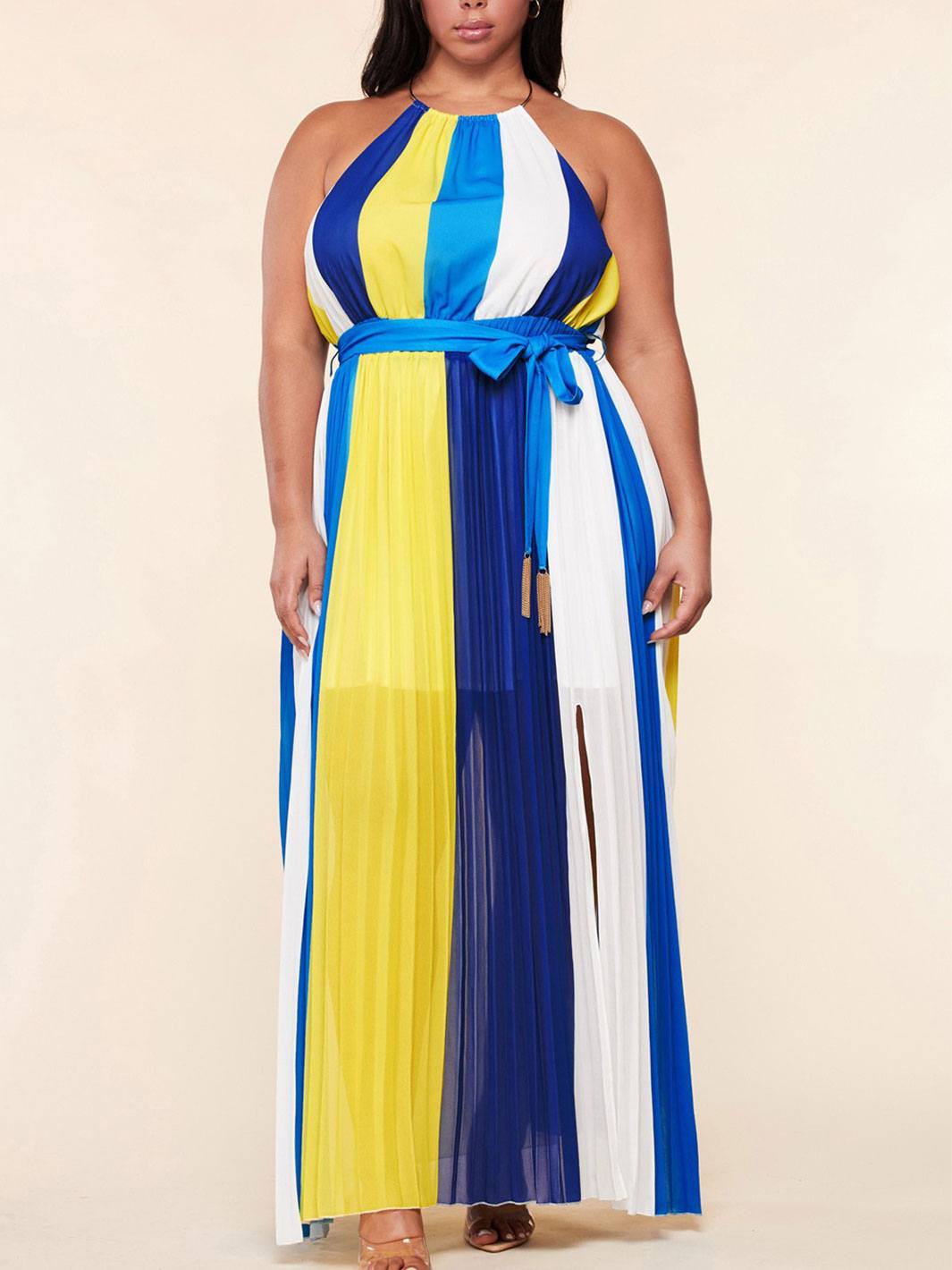 PLUS SIZE SLEEVELESS OPEN BACK COLORBLOCK PLEATED MAXI DRESS ...
