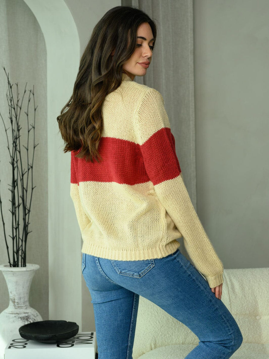 WOMEN'S LONG SLEEVE COWL NECK COLOR BLOCK SWEATER ...