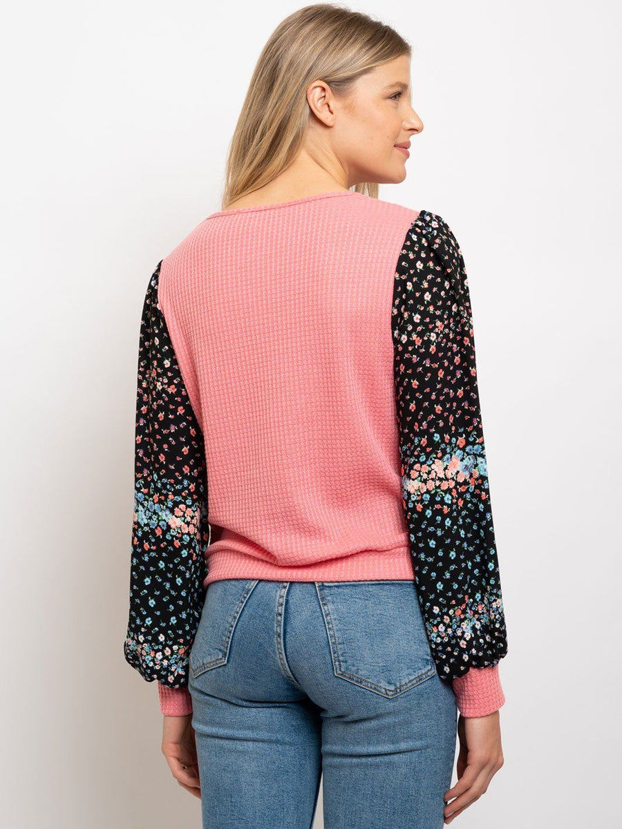 WOMEN'S LONG SLEEVE SURPLICE WAFFLE CONTRAST TOP ...