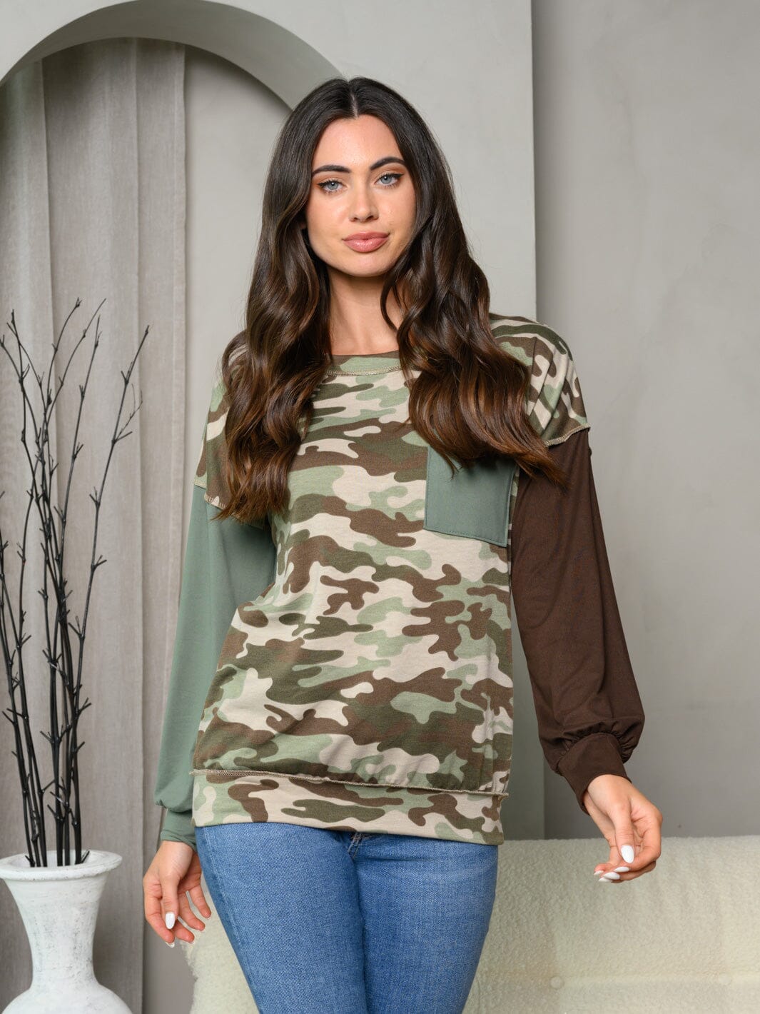 WOMEN'S LONG SLEEVE FRONT POCKET CAMO PRINT TOP ...